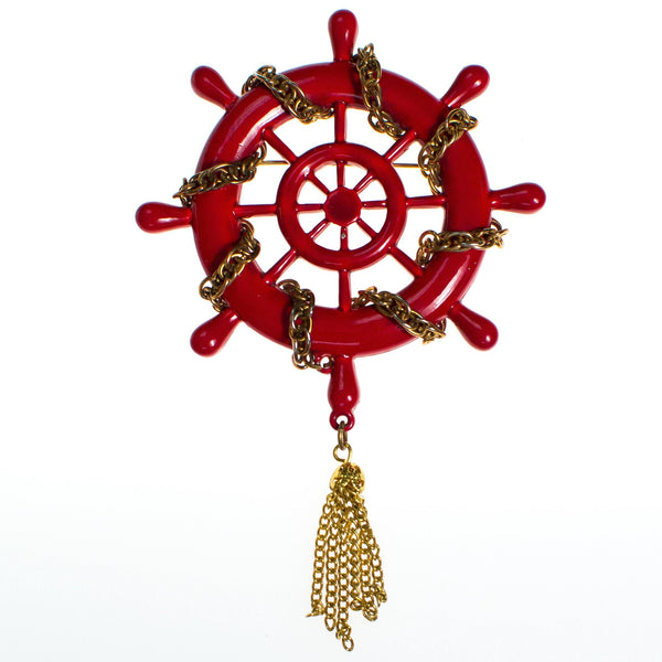 Vintage Red Captain's Wheel Brooch With Gold Tassel | Vintage Meet ...