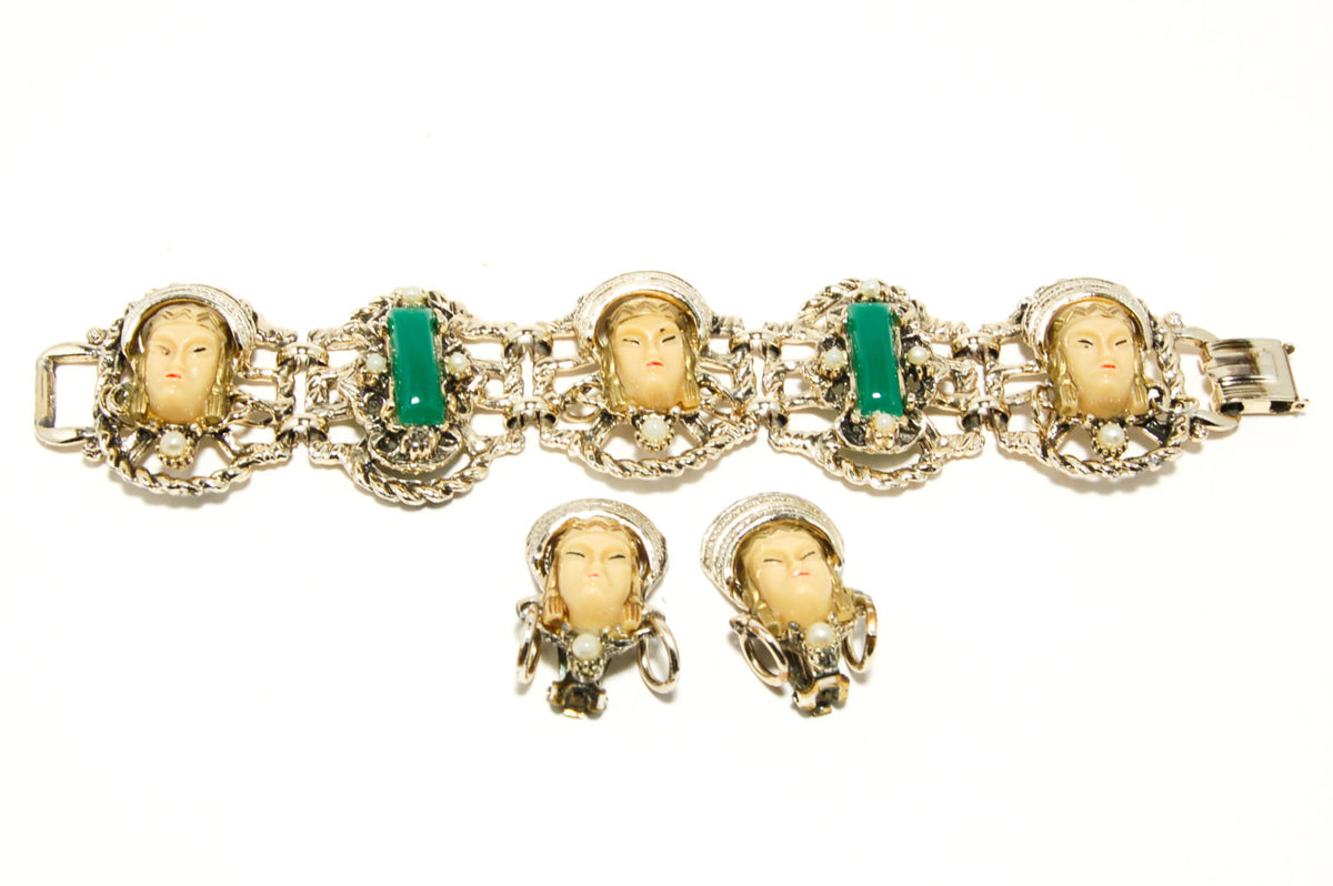 1950's Asian Princess Faces Bracelet and Earrings Set | Vintage Meet ...